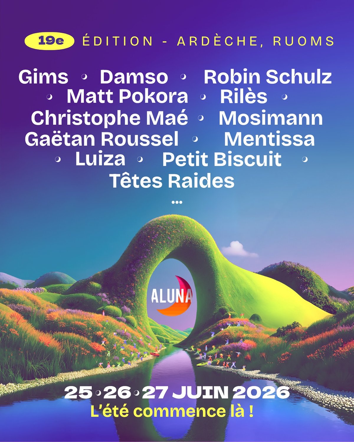 Concert Mentissa, Gaëtan Roussel, Gims, Mosimann à Ruoms le 25/06/2026